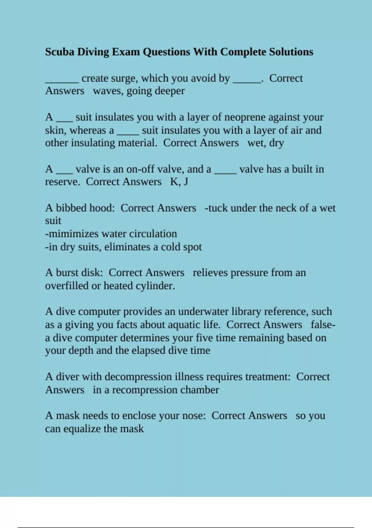 Scuba Diving Exam Questions With Complete Solutions - Ssi scuba - Stuvia US
