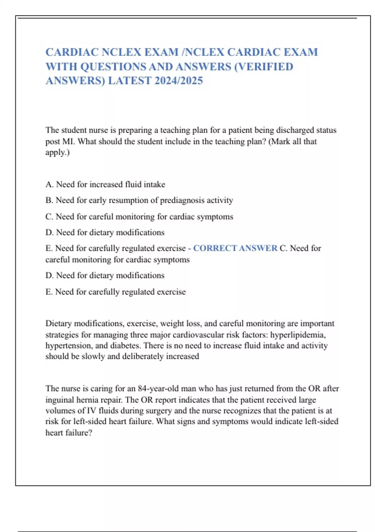 CARDIAC NCLEX EXAM /NCLEX CARDIAC EXAM WITH QUESTIONS AND ANSWERS ...