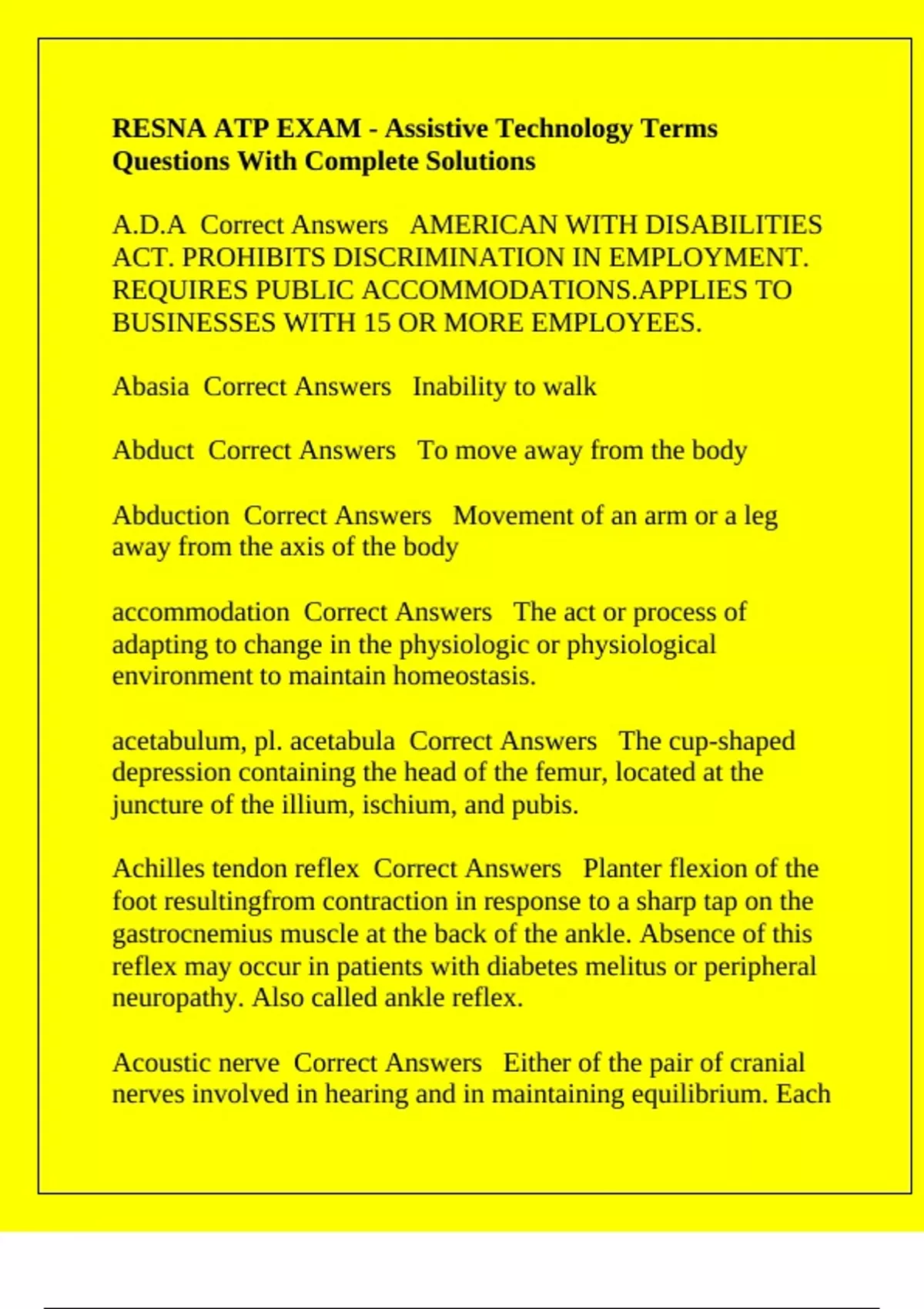 RESNA ATP EXAM - Assistive Technology Terms Questions With Complete ...