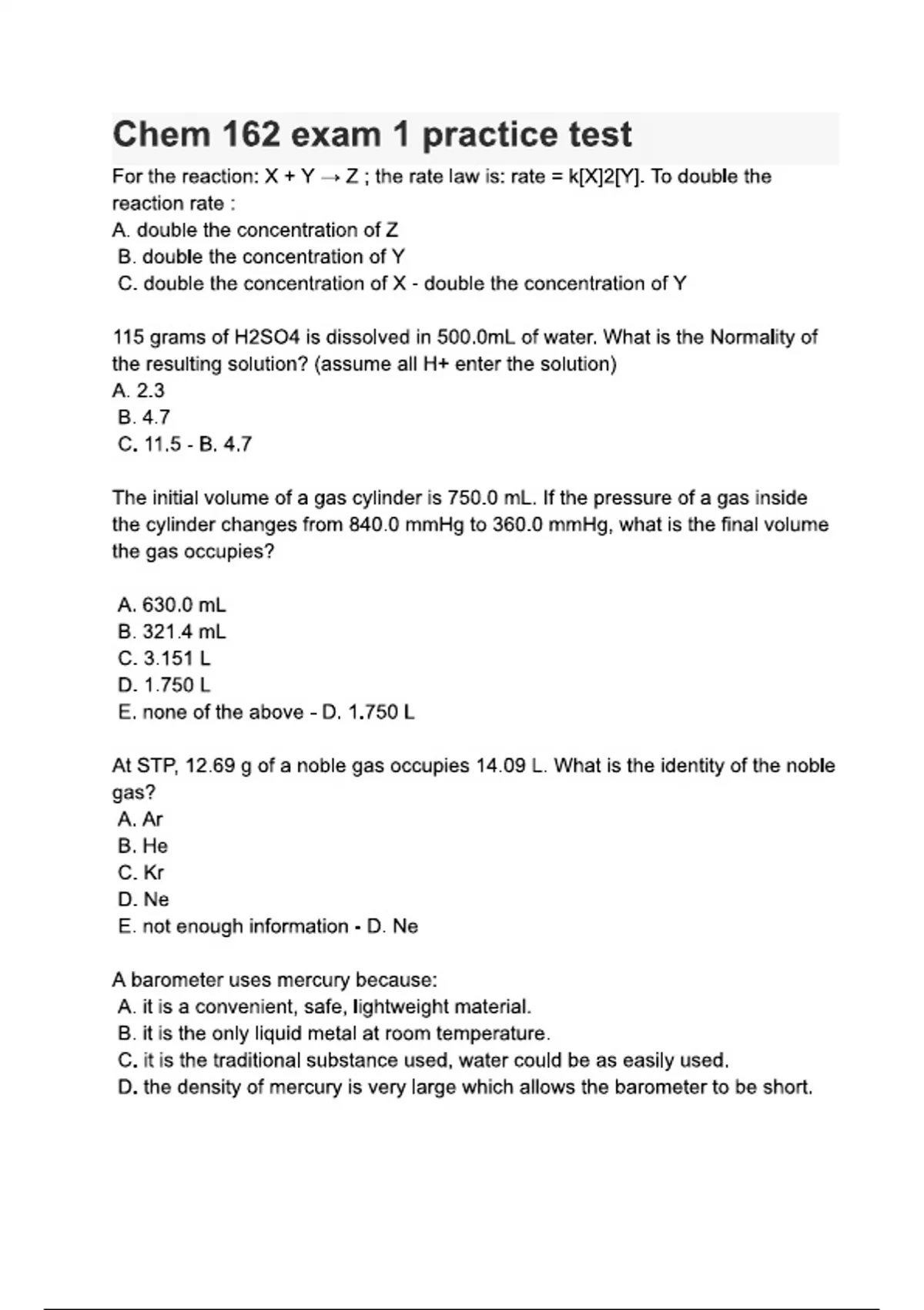 Chem 162 exam 1 practice test_Questions with Explanations of Answers ...
