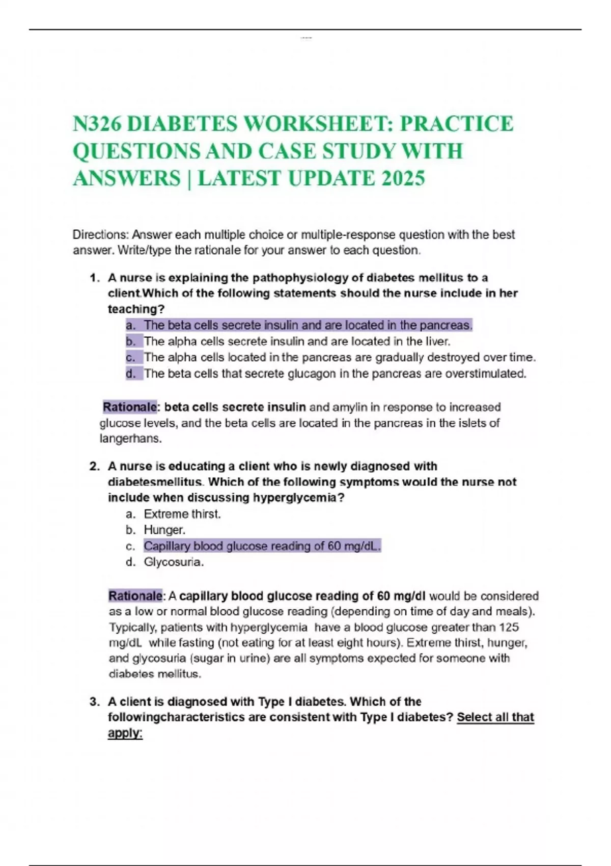 N326 DIABETES WORKSHEET: PRACTICE QUESTIONS AND CASE STUDY WITH ANSWERS ...