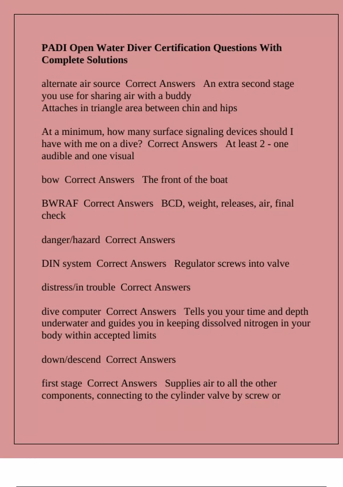PADI Open Water Diver Certification Questions With Complete Solutions ...