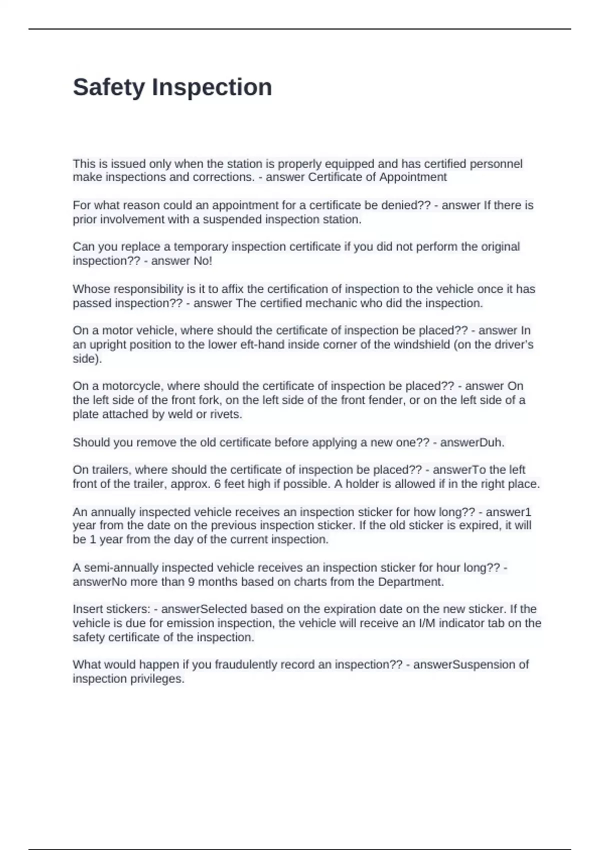 Safety Inspection Questions and Answers 2024 - Texas Safety Inspection ...