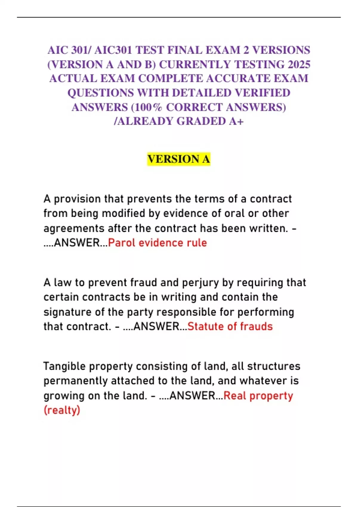 AIC 301/ AIC301 TEST FINAL EXAM 2 VERSIONS (VERSION A AND B) CURRENTLY ...