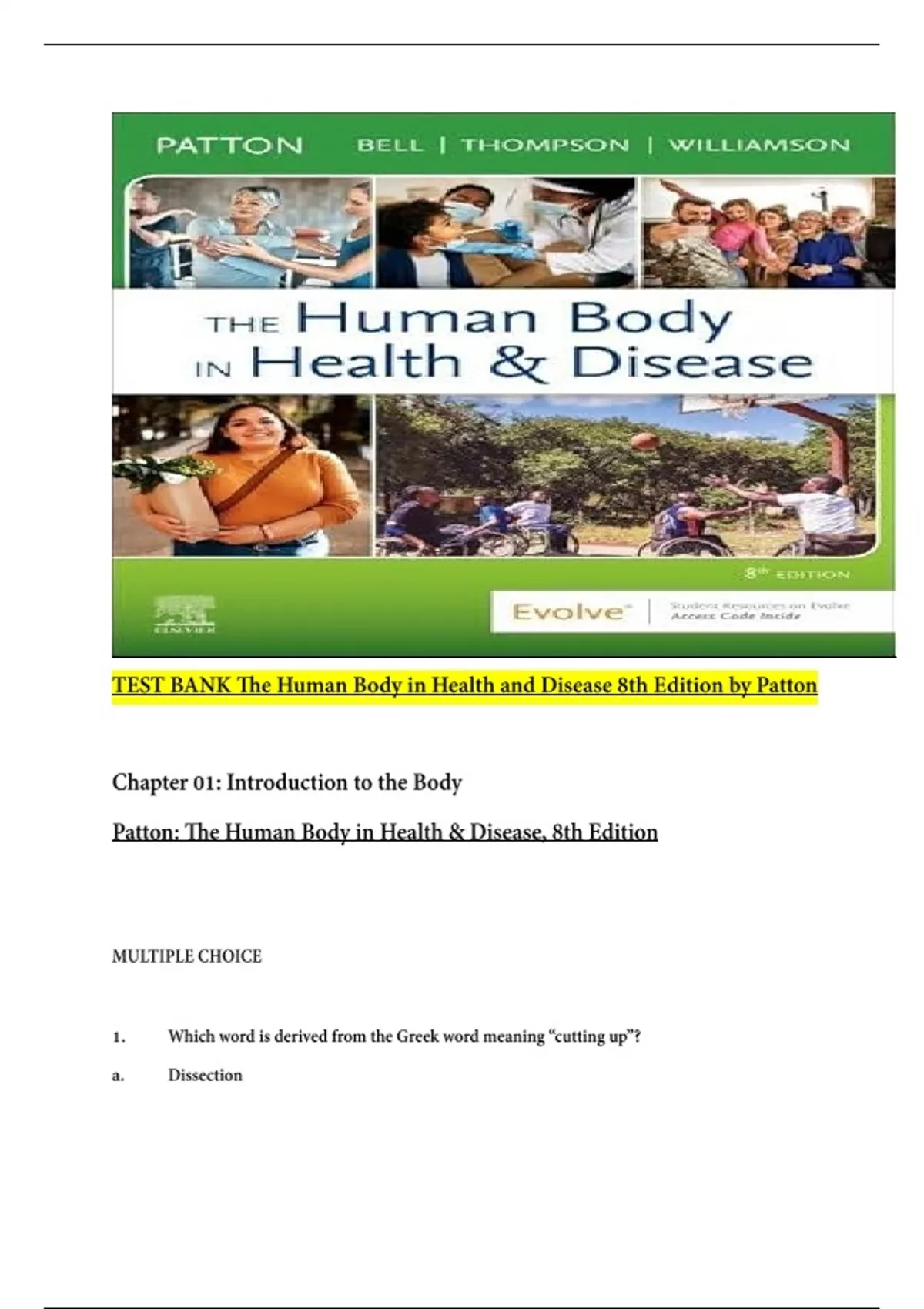 The Human Body in Health & Disease 8th Edition Kevin Patton Test Bank ...