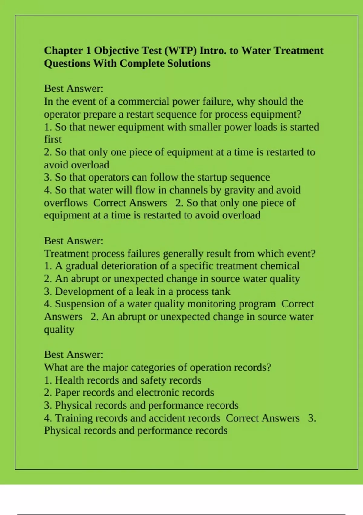 Chapter 1 Objective Test (WTP) Intro. to Water Treatment Questions With ...