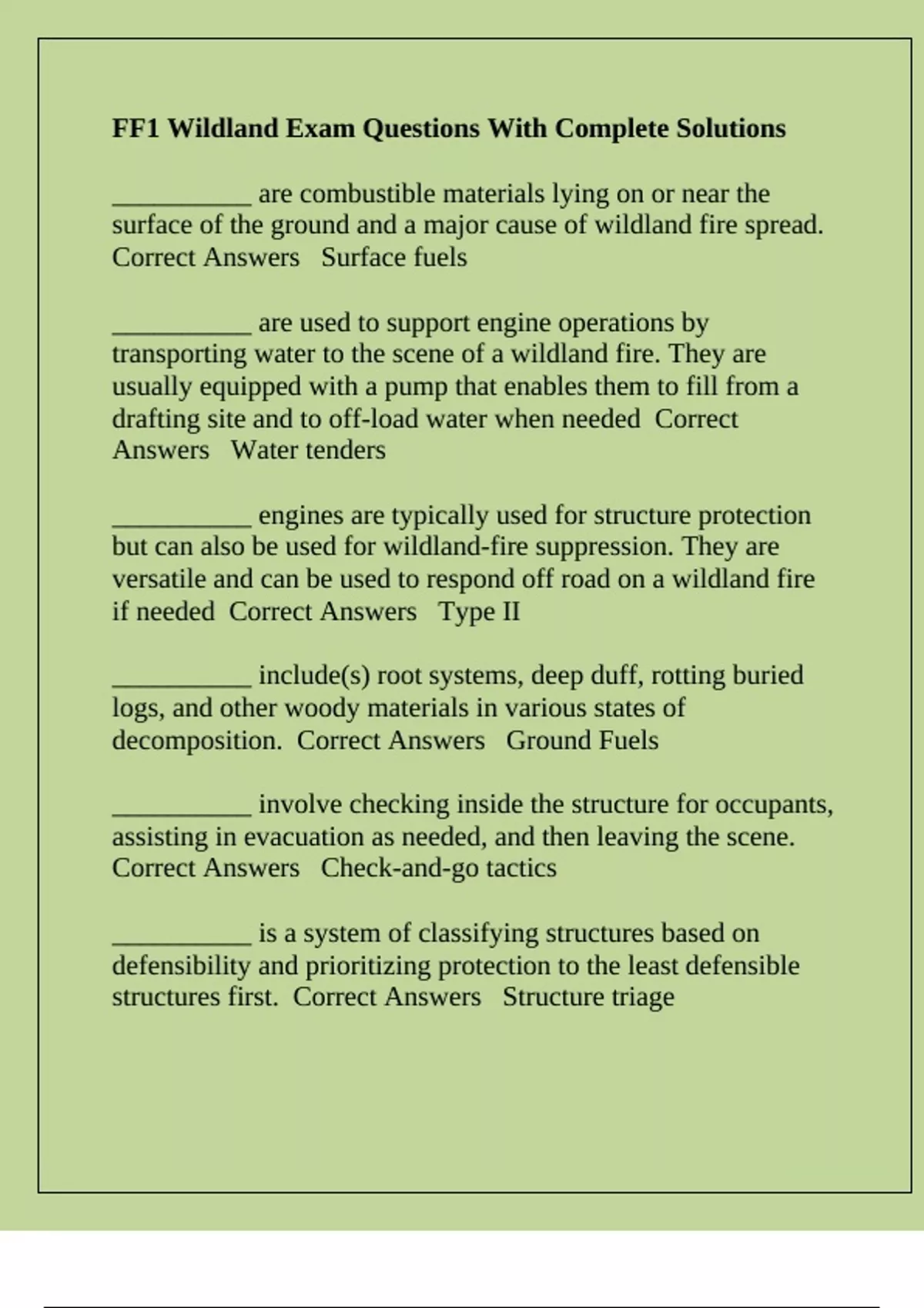 FF1 Wildland Exam Questions With Complete Solutions - FF1 Wildland - Stuvia US