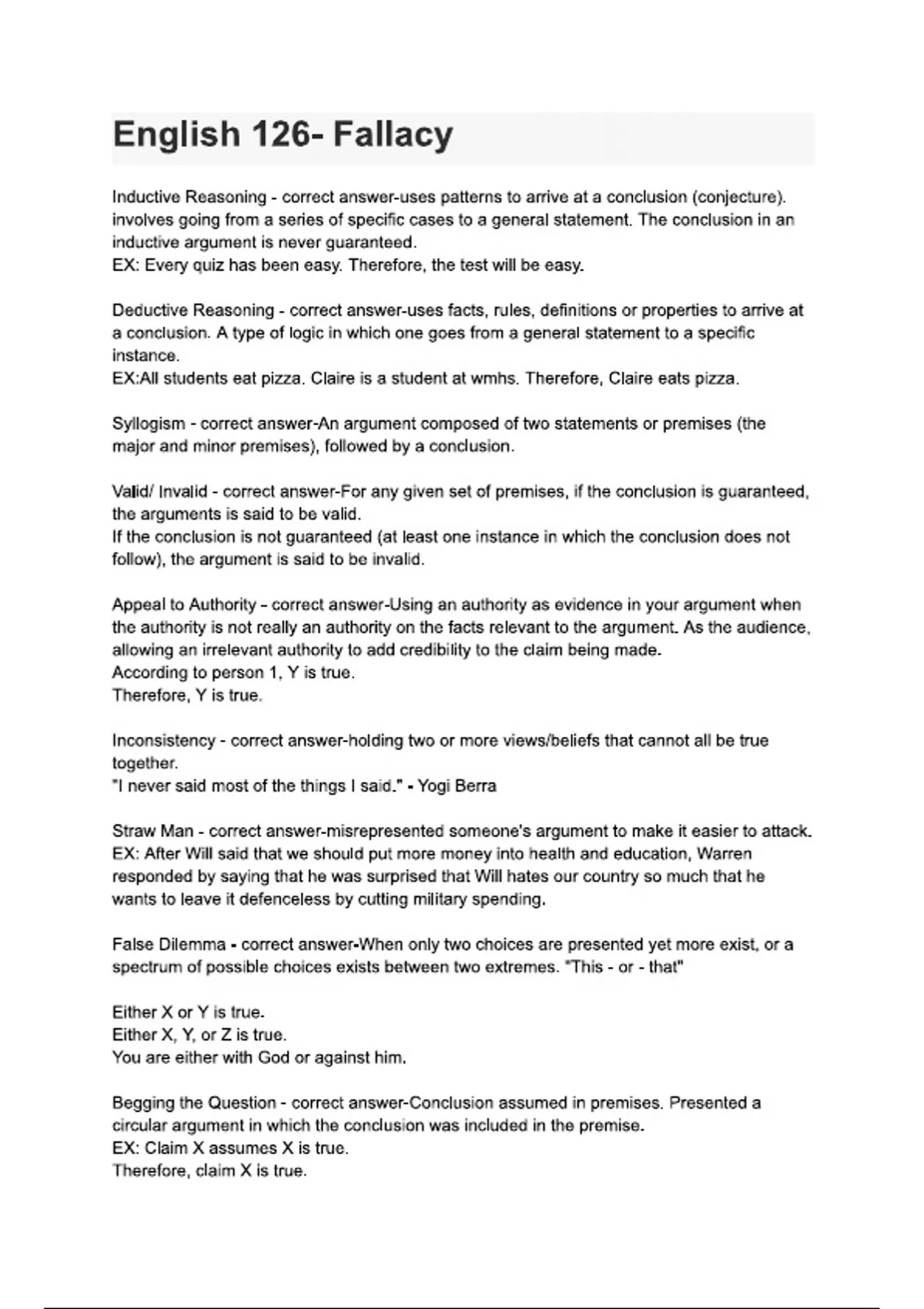 English 126- Fallacy_Questions with Explanations of Answers Latest ...