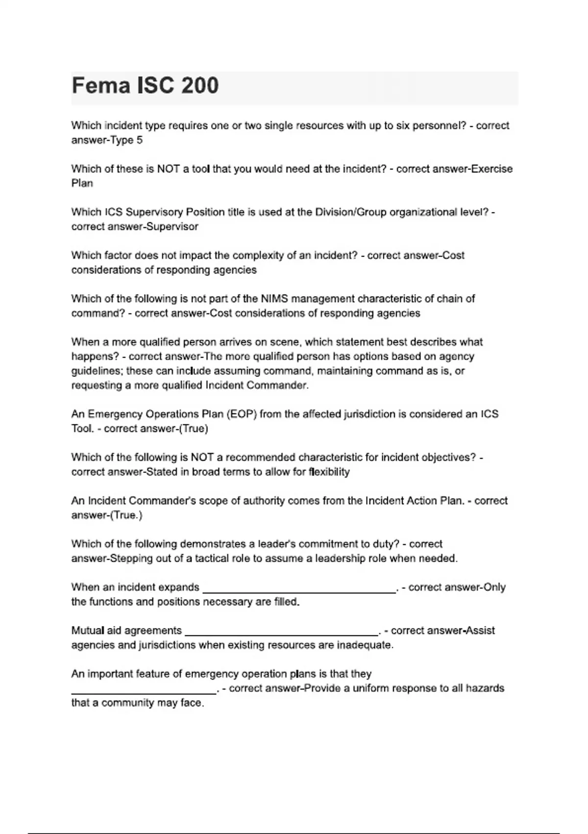 Fema ISC 200_Questions with Explanations of Answers Latest Update 2025 ...