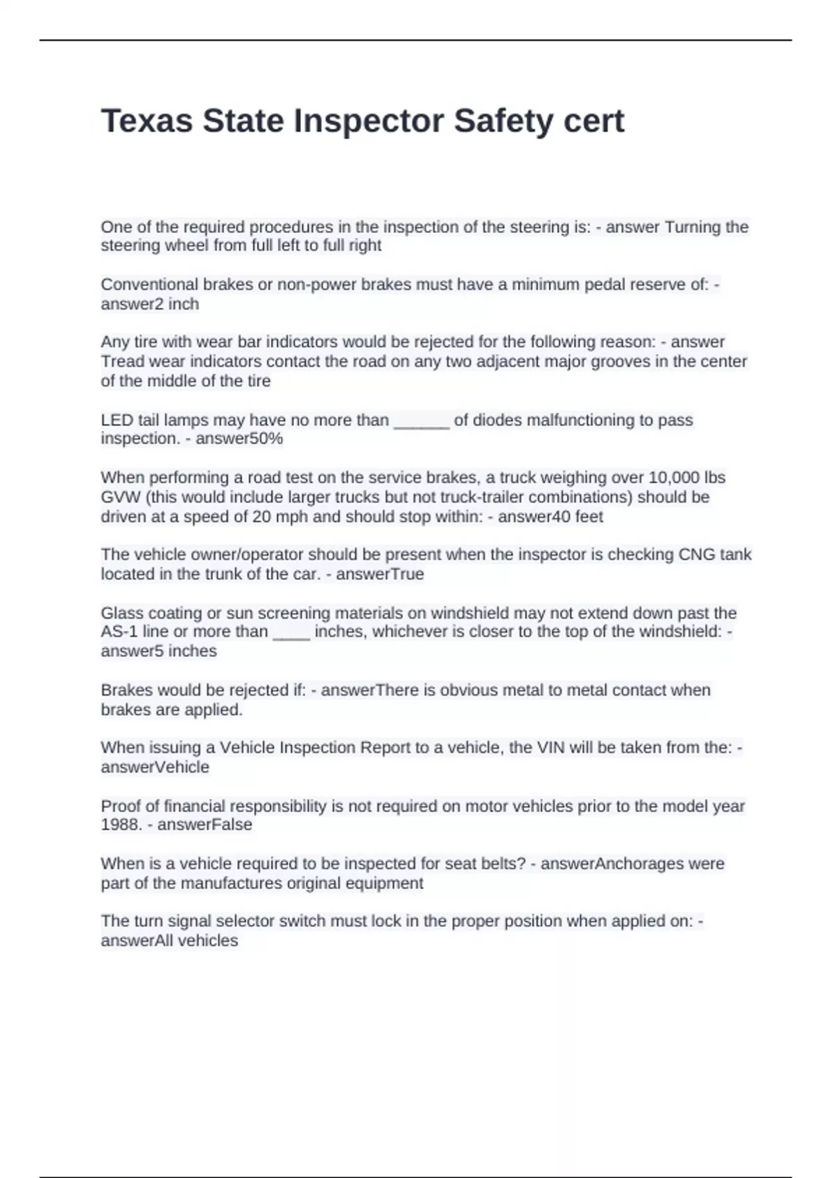 Texas State Inspector Safety cert Questions and Answers 2024 - Texas ...