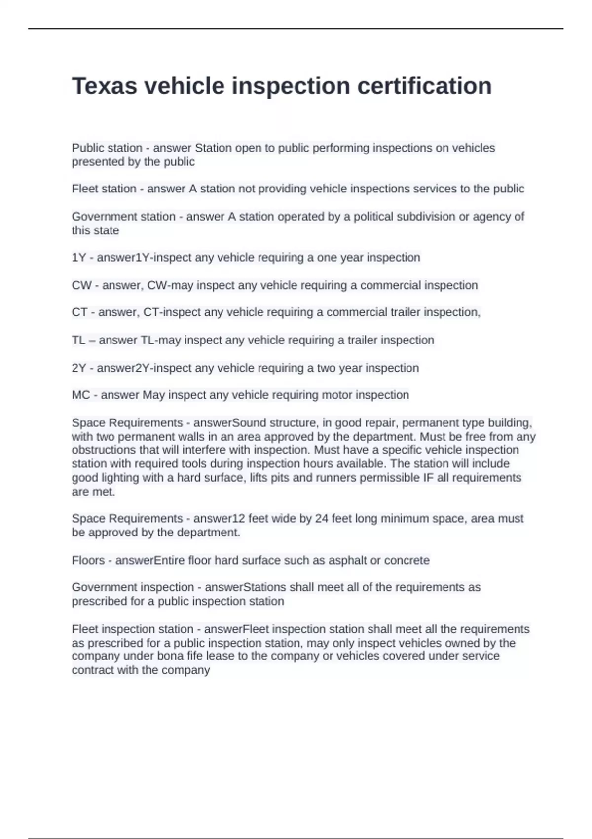 Texas vehicle inspection certification Questions and Answers 2024 ...