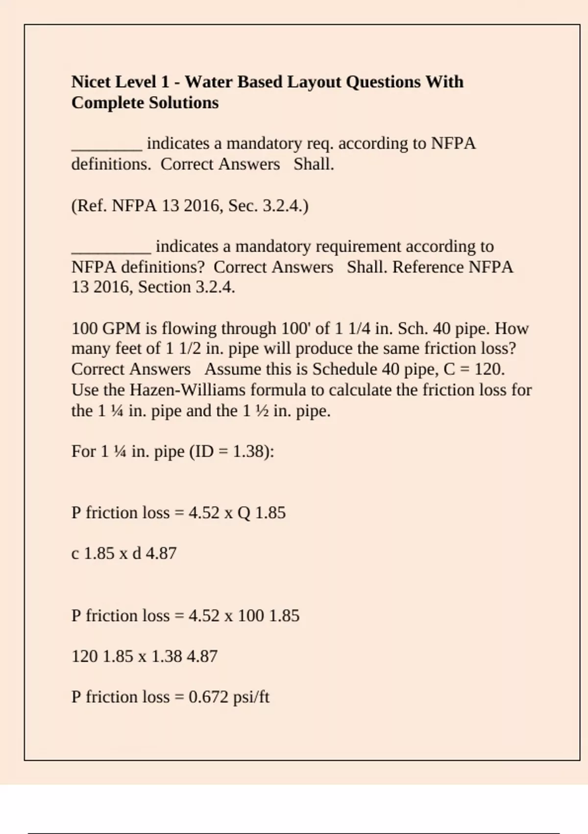 Nicet Level 1 - Water Based Layout Questions With Complete Solutions ...