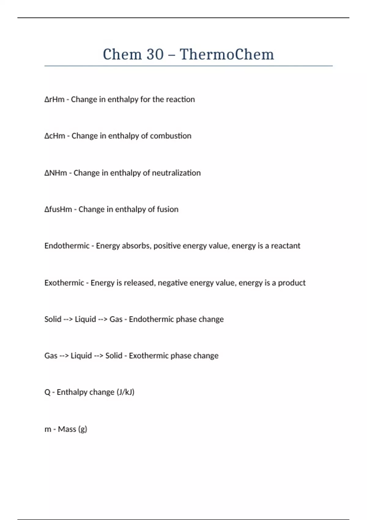 Chem 30 – ThermoChem Questions answers latest update - Chem 30 - Stuvia US
