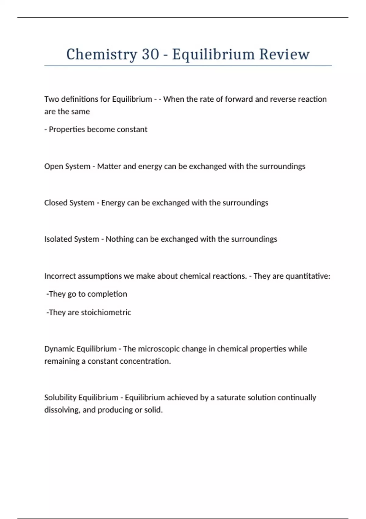 Chemistry 30 - Equilibrium Review Questions answers latest update ...