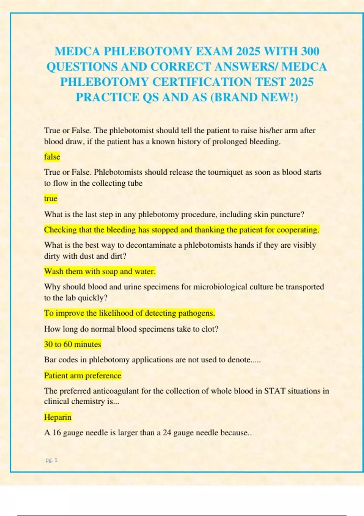 MEDCA PHLEBOTOMY EXAM 2025 WITH 300 QUESTIONS AND CORRECT ANSWERS ...