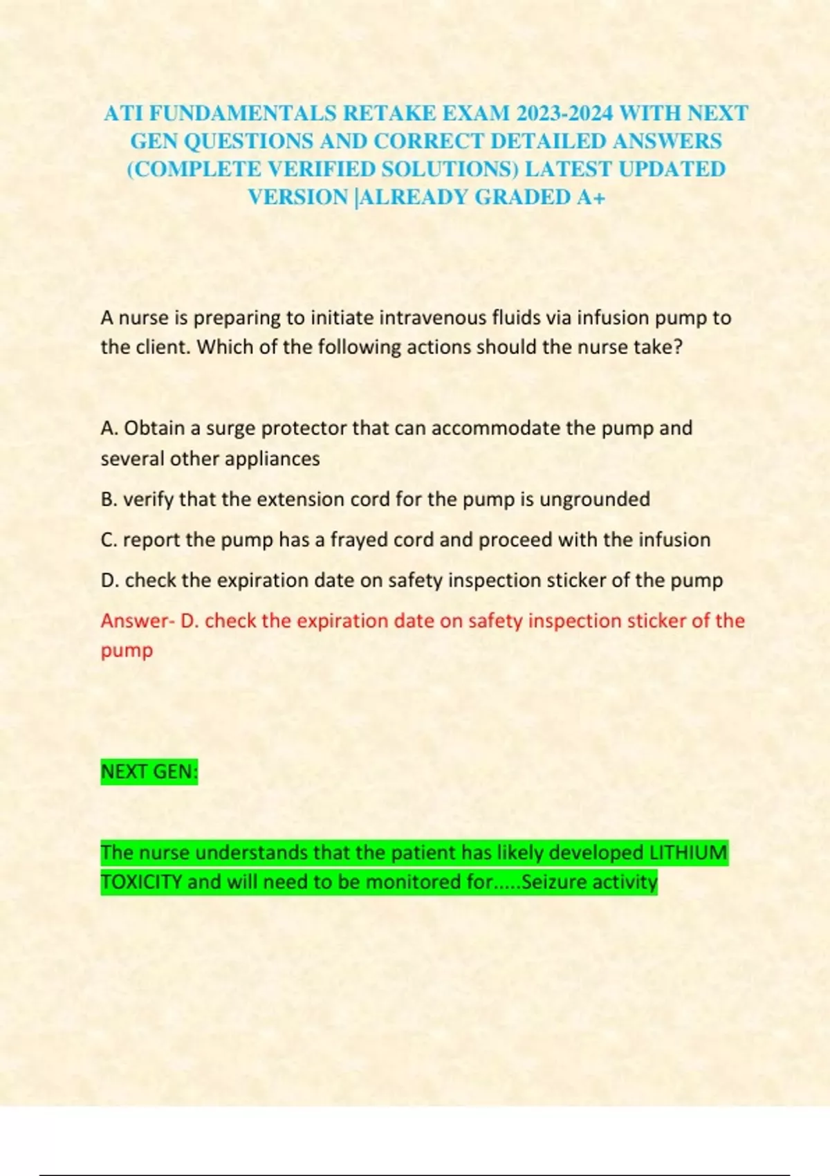 ATI FUNDAMENTALS RETAKE EXAM WITH NEXT GEN QUESTIONS AND CORRECT ...