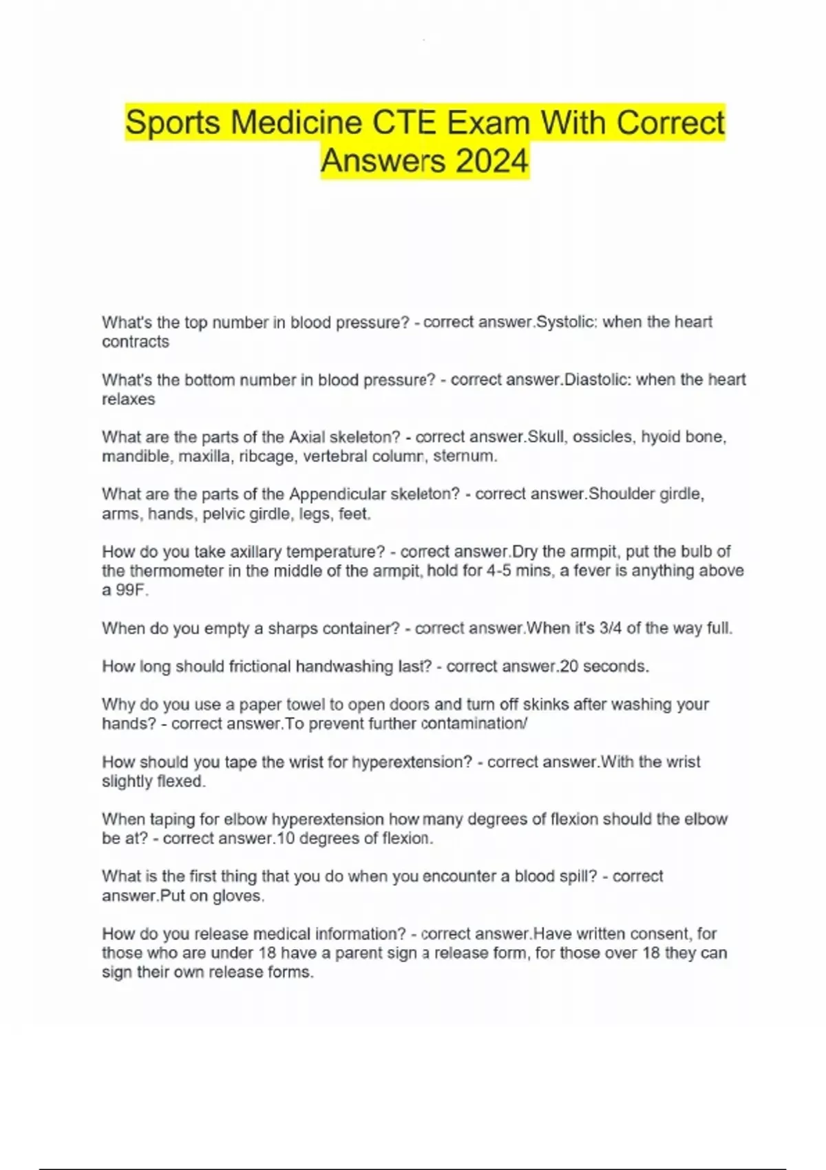 Sports Medicine CTE Exam With Correct Answers 2024 - Sports Medicine ...