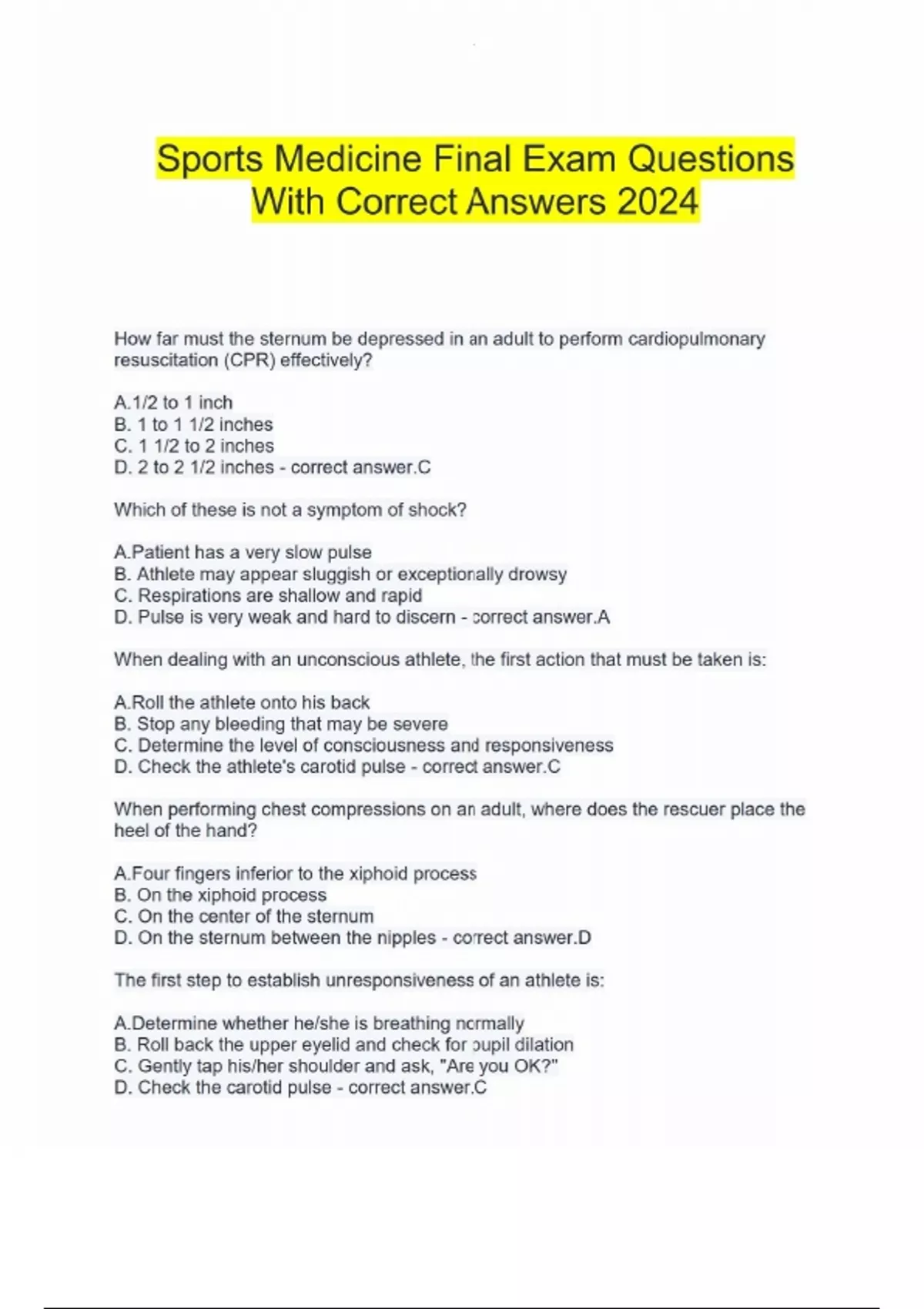 Sports Medicine Final Exam Questions With Correct Answers 2024 - Sports ...