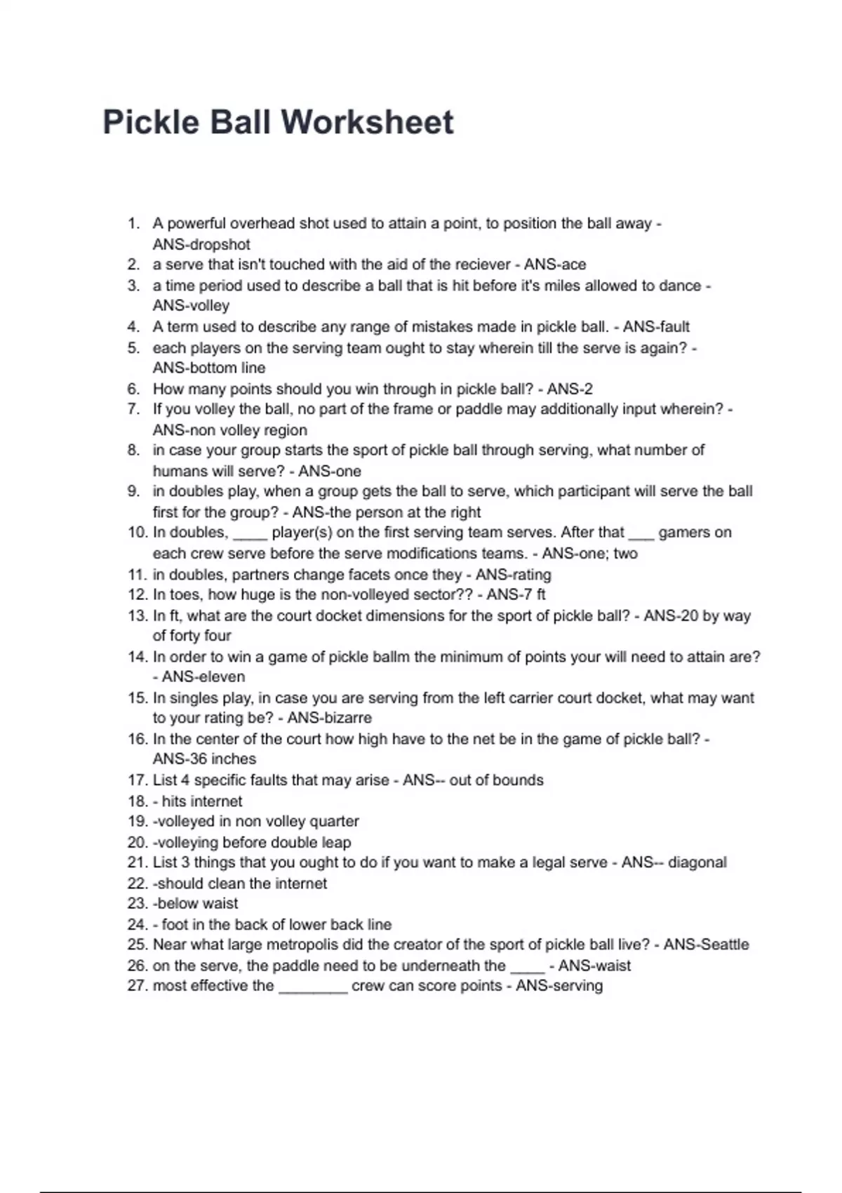Pickle Ball Worksheet QUESTIONS AND CORRECT DETAILED ANSWERS WITH ...