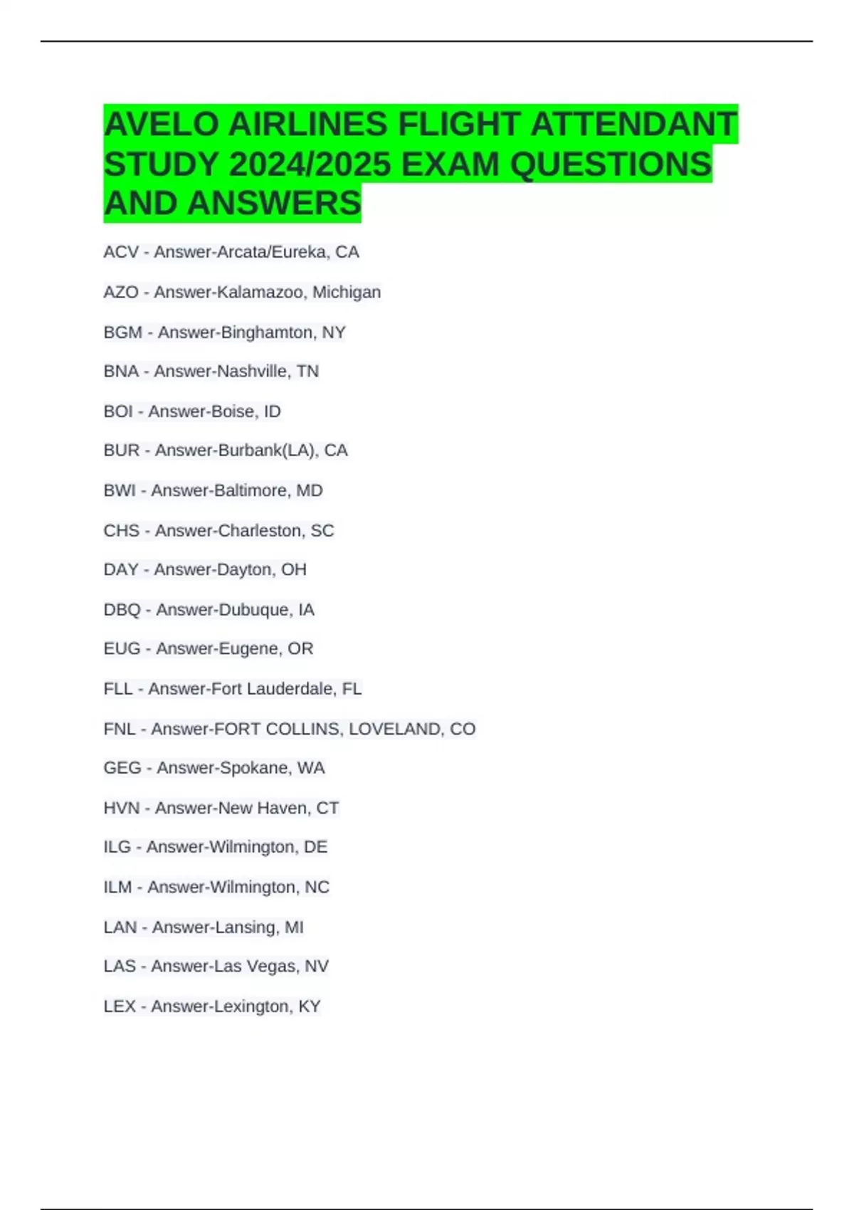 AVELO AIRLINES FLIGHT ATTENDANT STUDY 2024/2025 EXAM QUESTIONS AND ...