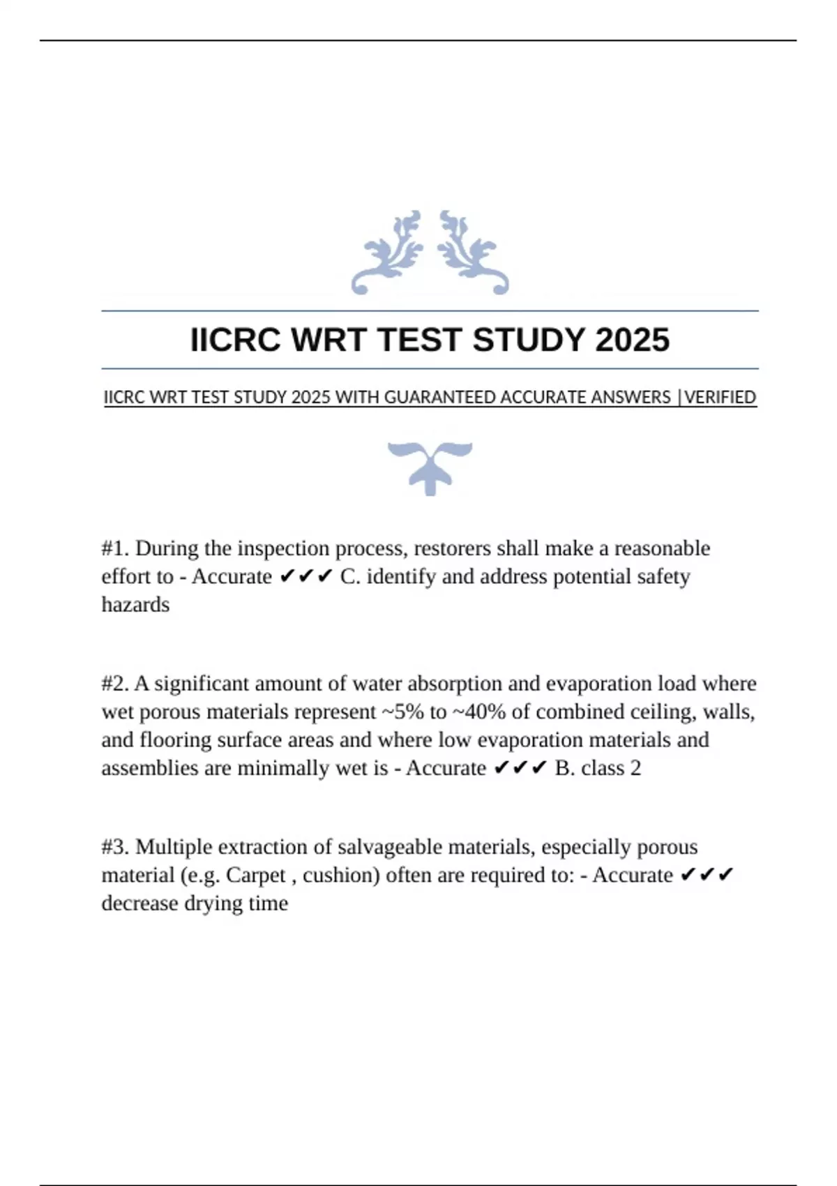 IICRC WRT TEST STUDY 2025 WITH GUARANTEED ACCURATE ANSWERS |VERIFIED ...