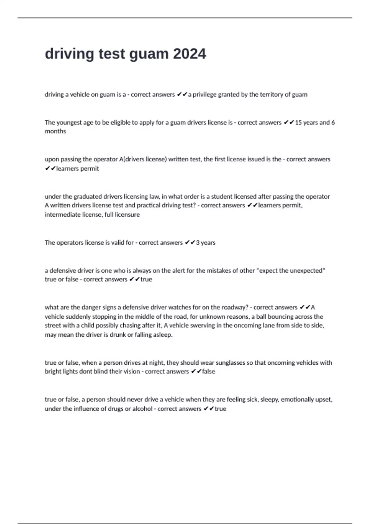 driving test guam exam 2024/2025 with 100% correct answers - Driving tt ...