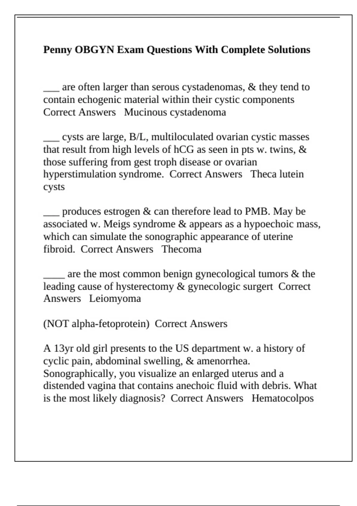 Penny OBGYN Exam Questions With Complete Solutions - OBGYN - Stuvia UK