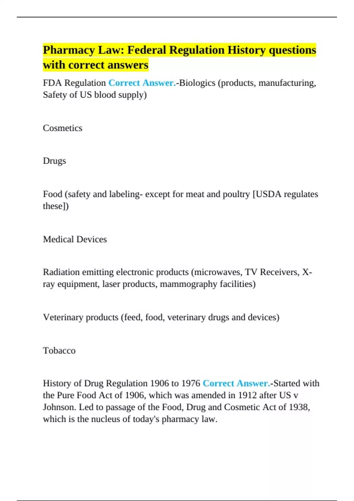 Pharmacy Law: Federal Regulation History questions with correct answers ...