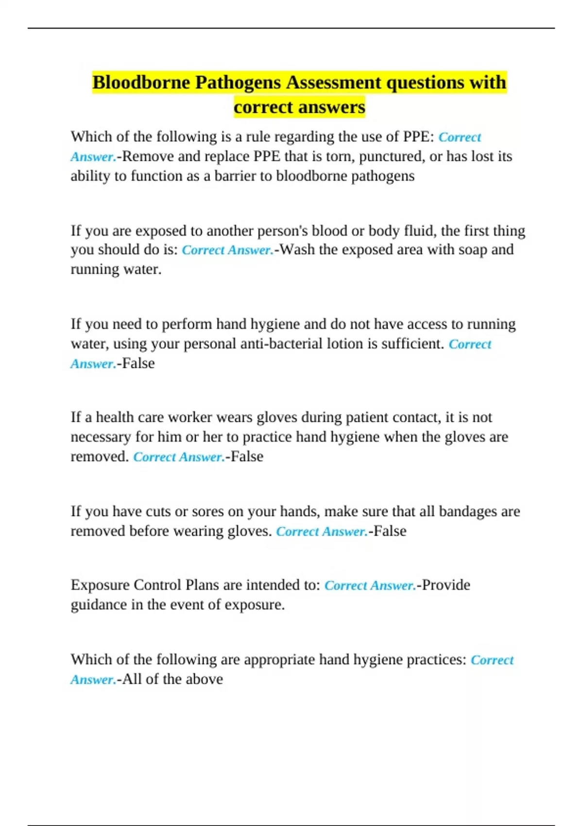 Bloodborne Pathogens Assessment questions with correct answers ...