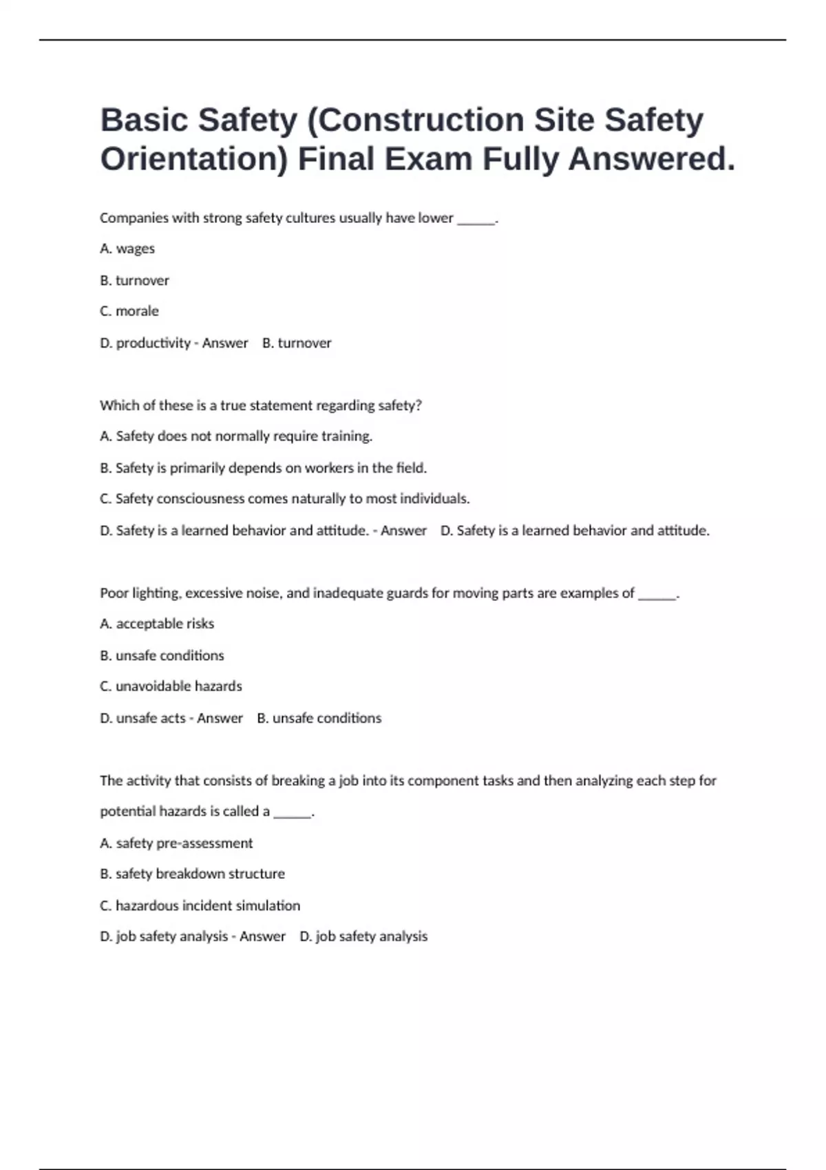 Basic Safety (Construction Site Safety Orientation) Final Exam Fully ...