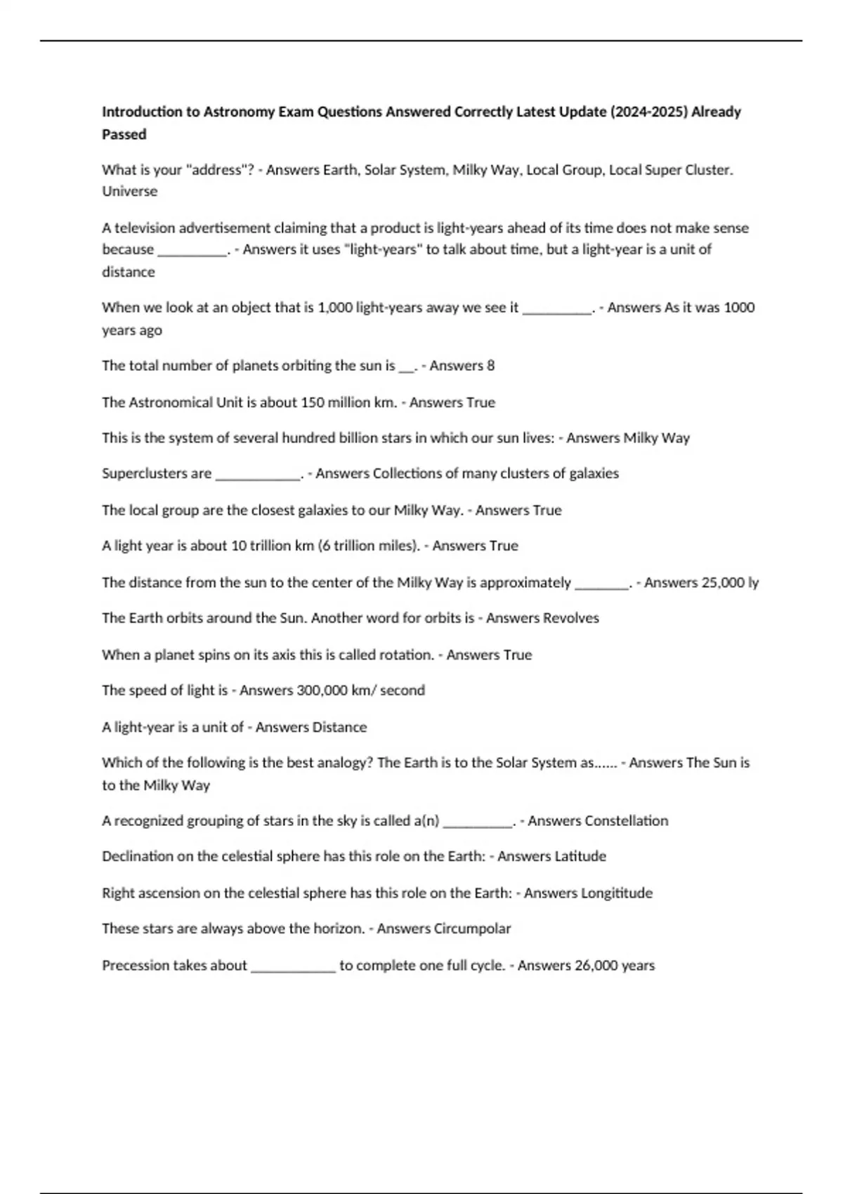 Introduction to Astronomy Exam Questions Answered Correctly Latest ...