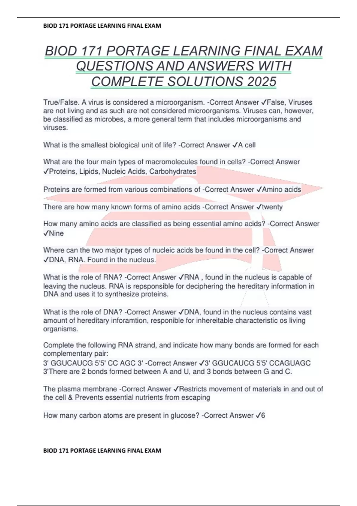 BIOD 171 PORTAGE LEARNING FINAL EXAM QUESTIONS AND ANSWERS WITH COMPLETE SOLUTIONS 2025 - BIOD ...