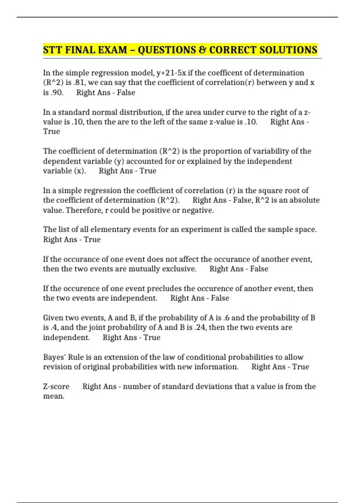 STT FINAL EXAM – QUESTIONS & CORRECT SOLUTIONS - STT - Stuvia US