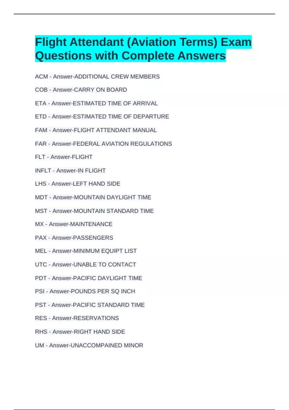 Flight Attendant (Aviation Terms) Exam Questions with Complete Answers ...