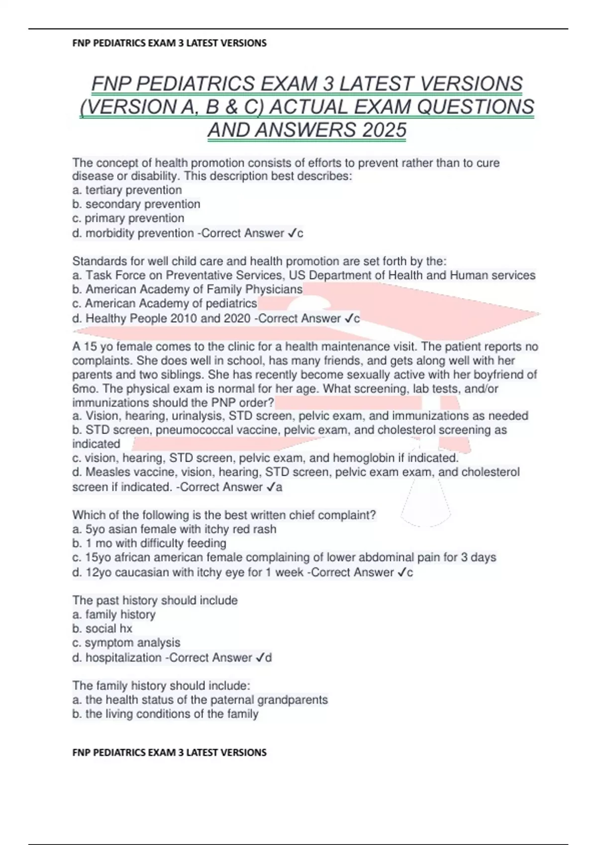 FNP PEDIATRICS EXAM 3 LATEST VERSIONS (VERSION A, B & C) ACTUAL EXAM ...