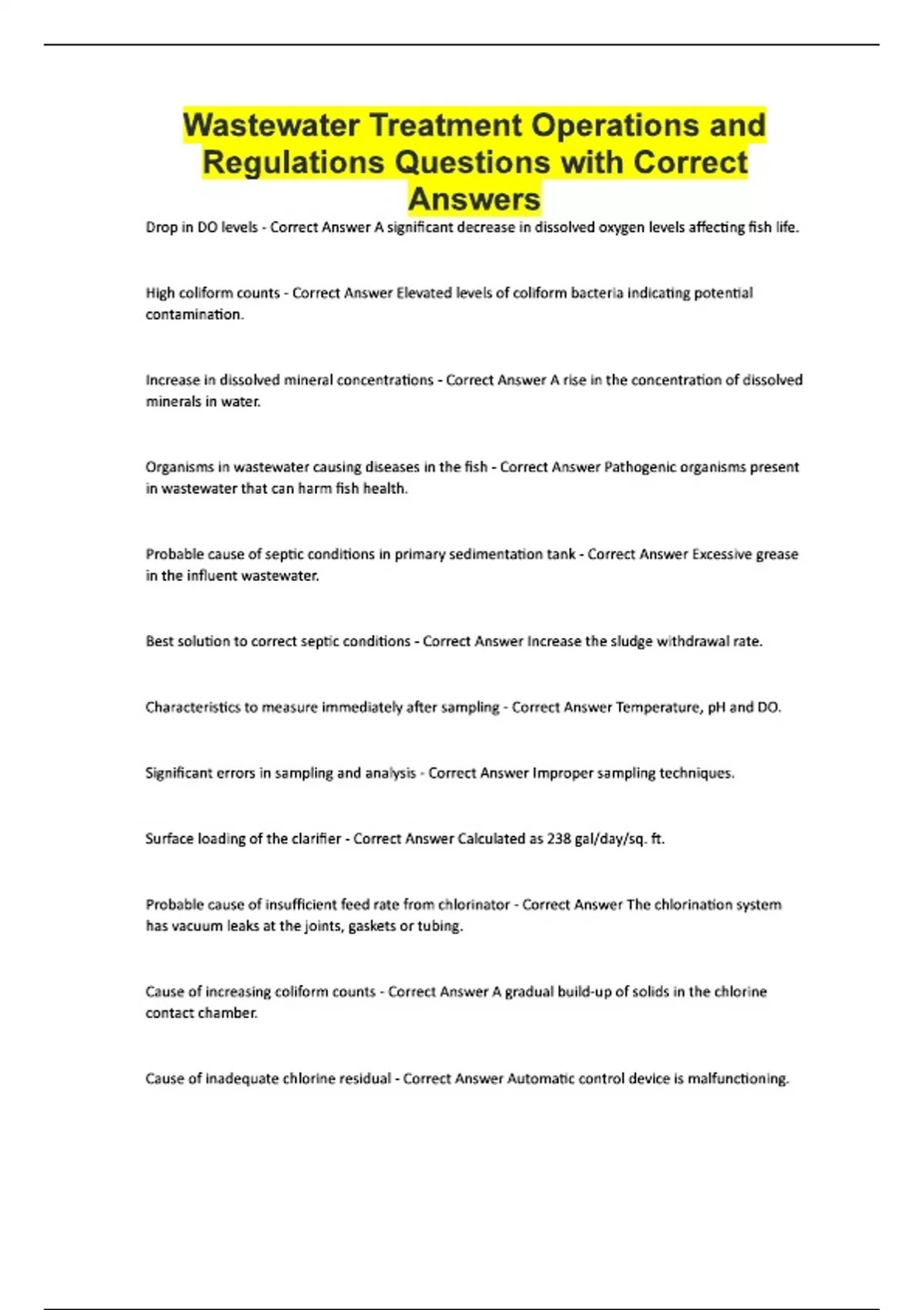 Wastewater Treatment Operations and Regulations Questions with Correct ...