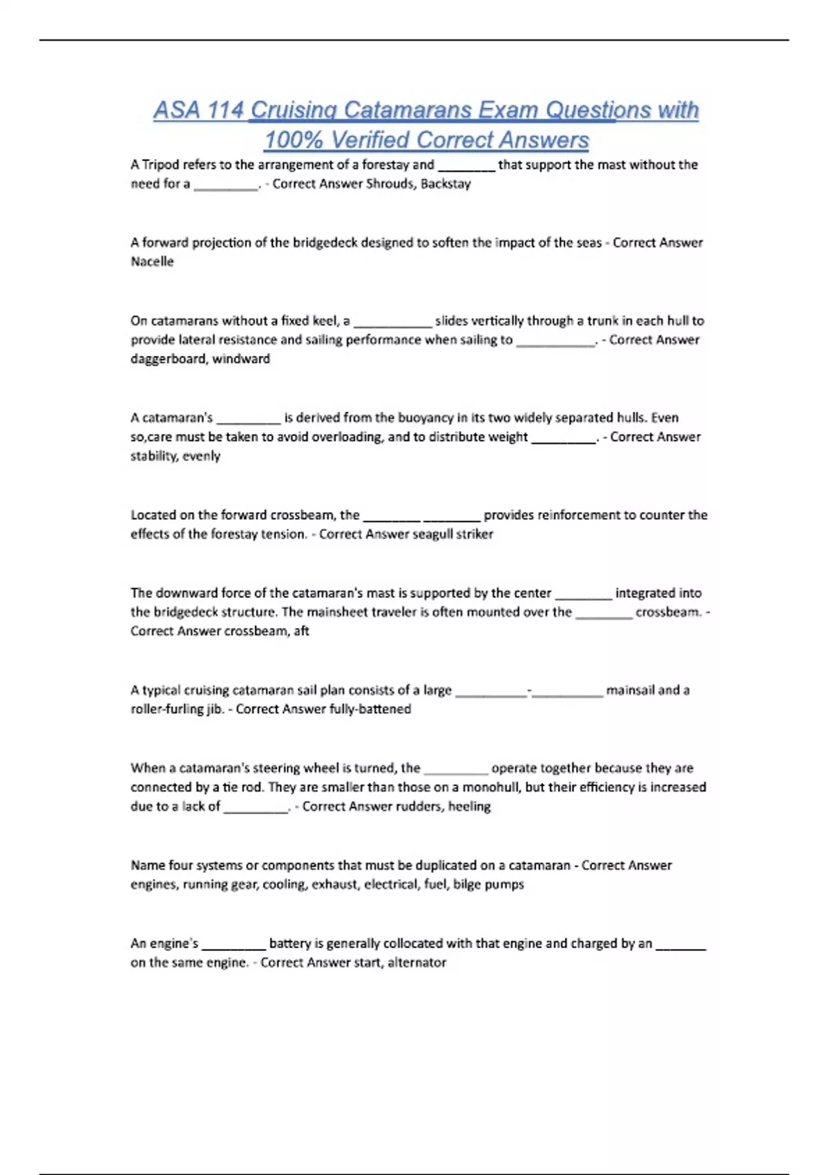 ASA 114 Cruising Catamarans Exam Questions with 100% Verified Correct ...