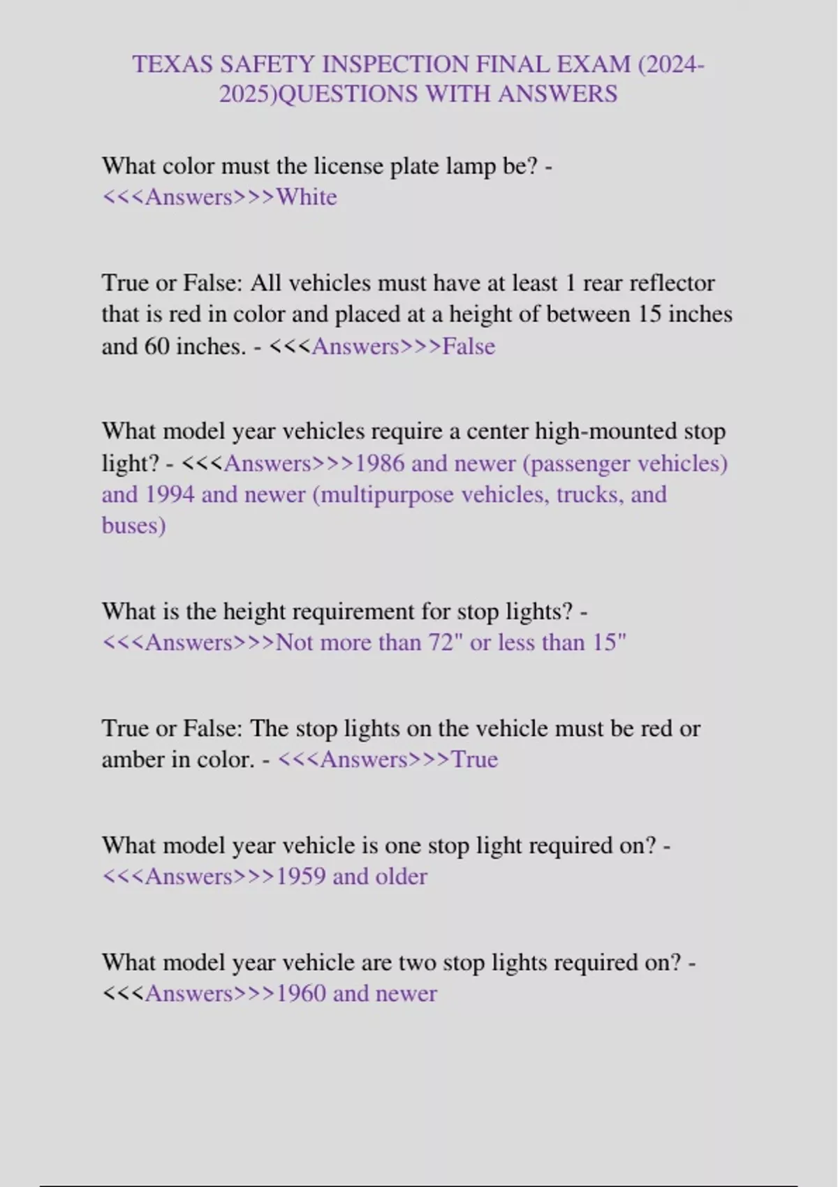 TEXAS SAFETY INSPECTION FINAL EXAM ()QUESTIONS WITH ANSWERS - TEXAS ...