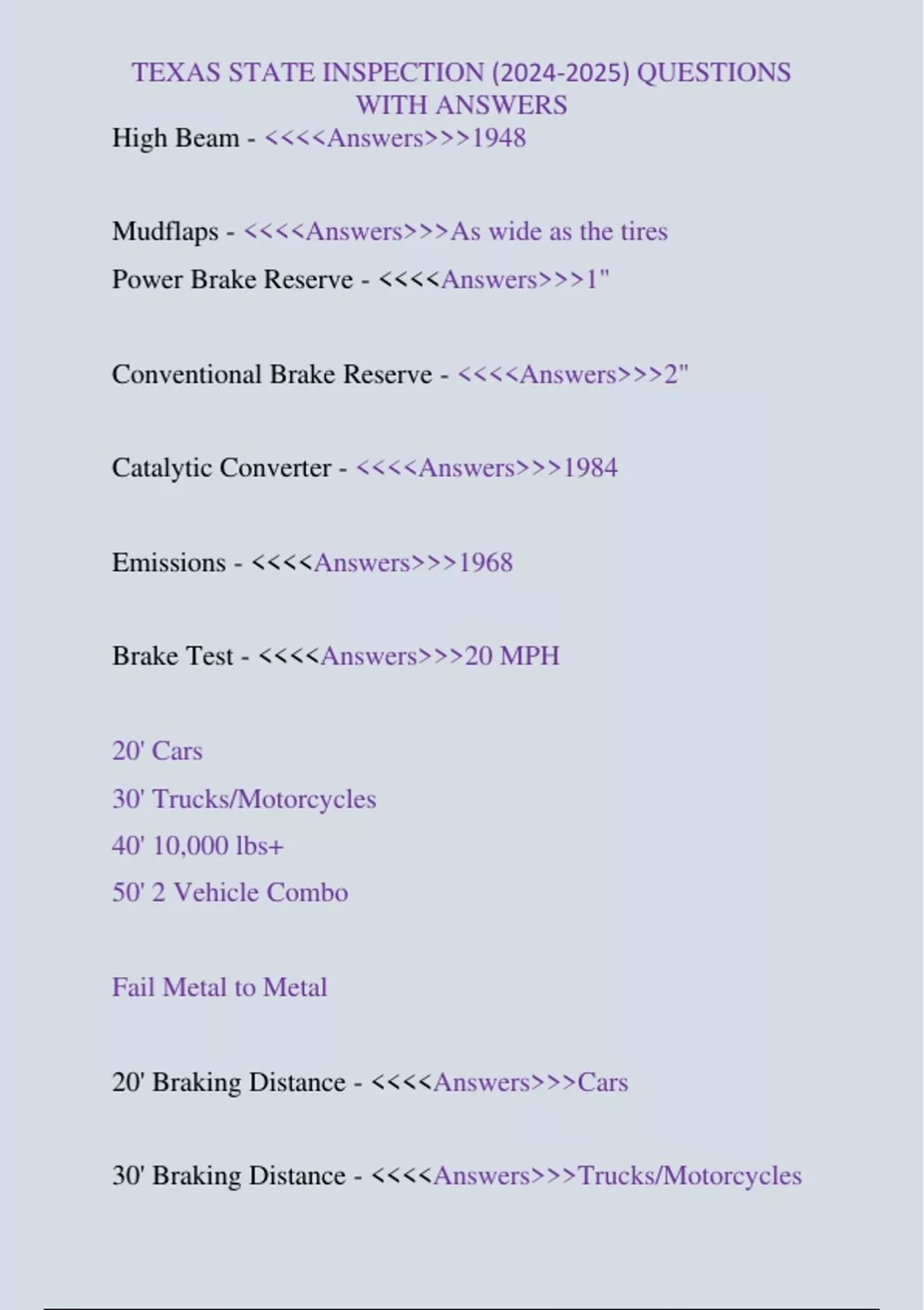 TEXAS STATE INSPECTION () QUESTIONS WITH ANSWERS - TEXAS STATE ...