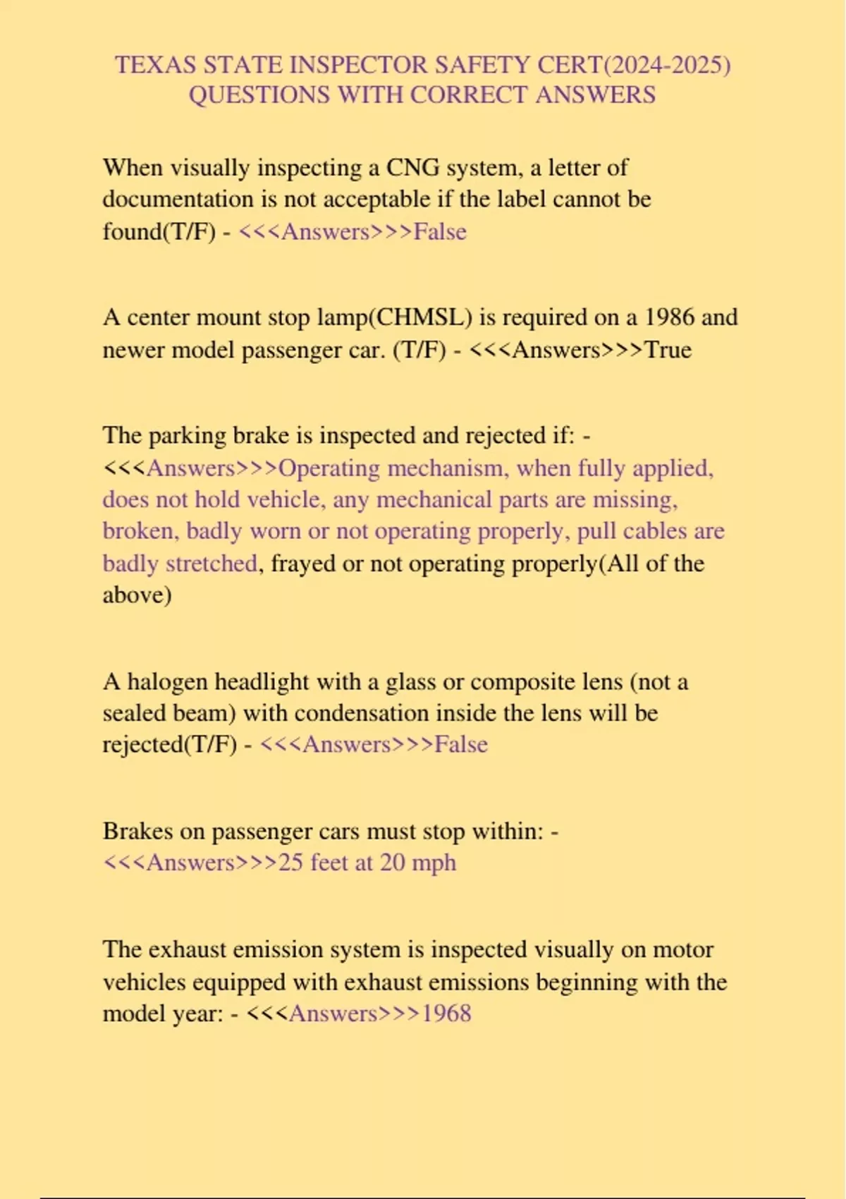 TEXAS STATE INSPECTOR SAFETY CERT() QUESTIONS WITH CORRECT ANSWER ...