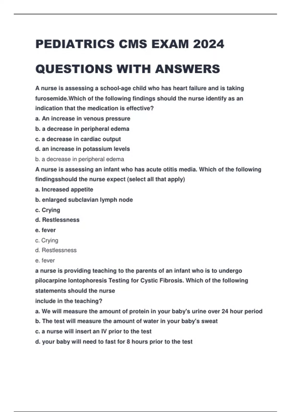 PEDIATRICS CMS EXAM 2024 QUESTIONS WITH ANSWERS - PEDIATRICS CMS ...
