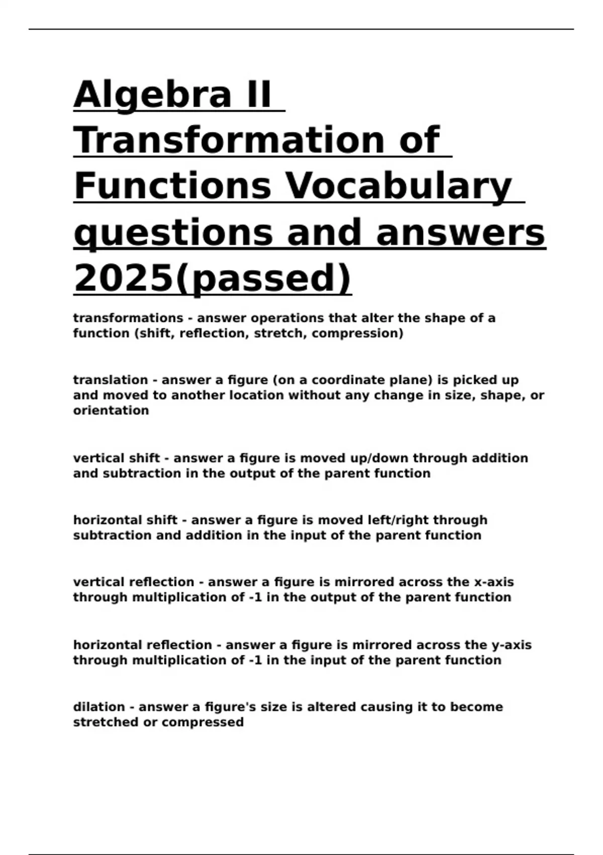 Algebra II Transformation of Functions Vocabulary questions and answers ...