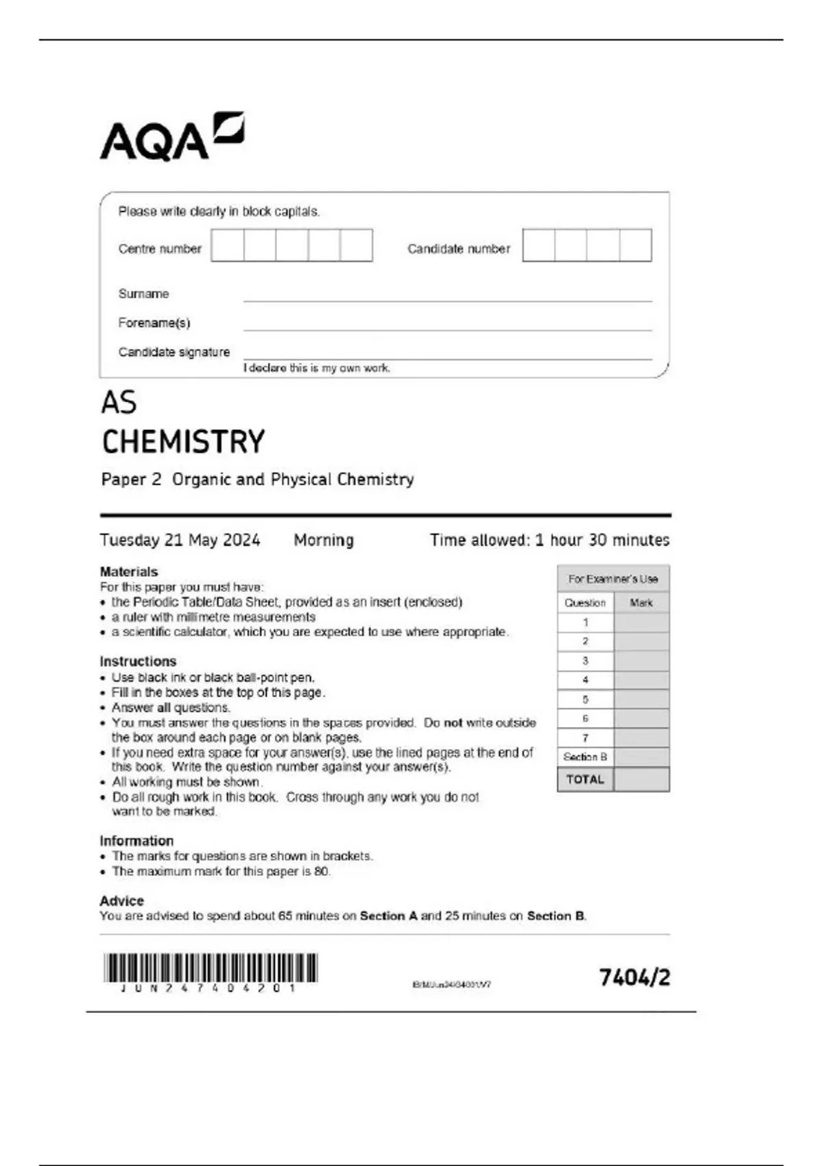 2024 AQA AS-LEVEL CHEMISTRY PAPER 2 7404/2 - CHEMISTRY PP 2 - Stuvia UK