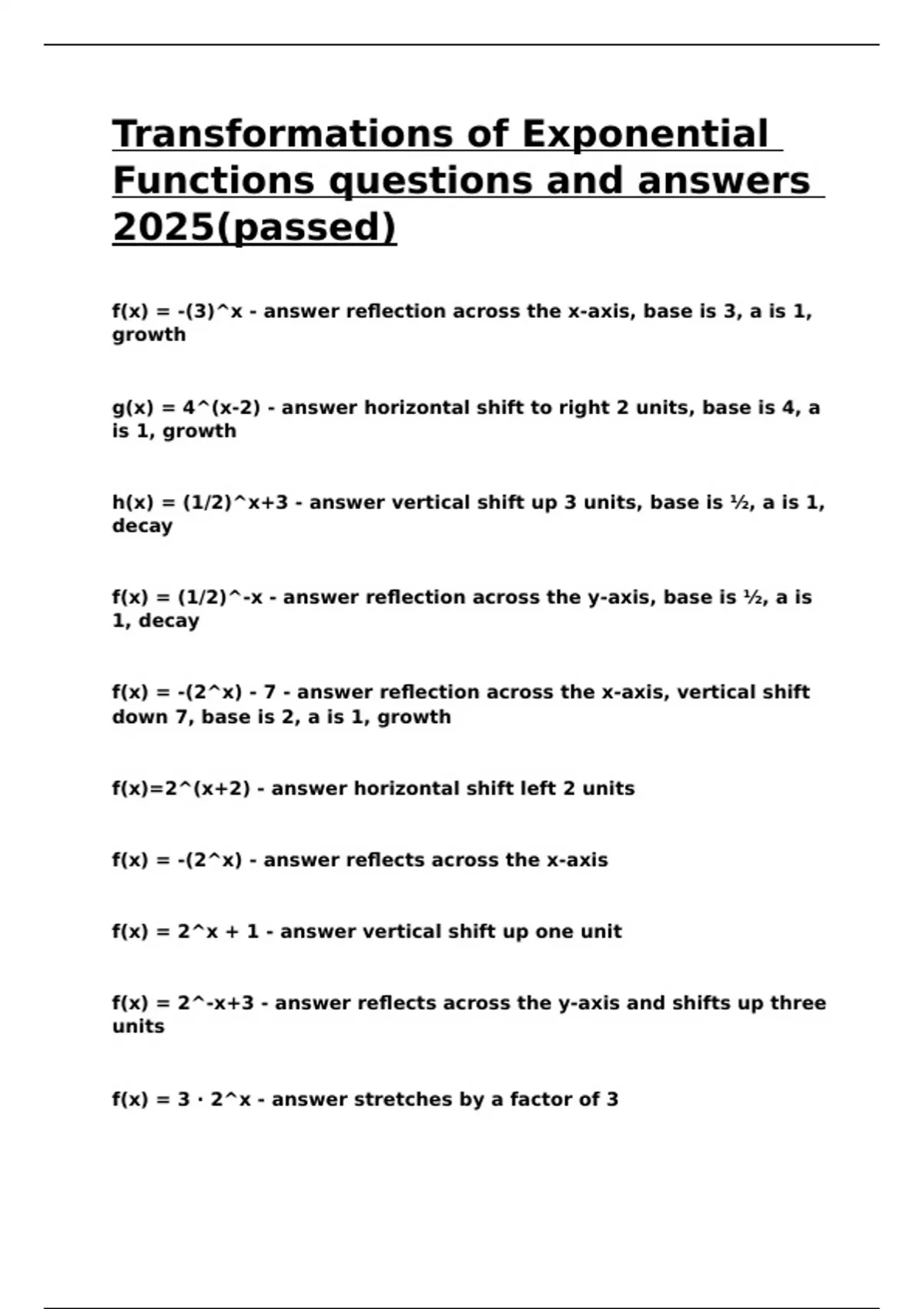 Transformations of Exponential Functions questions and answers 2025(passed). - Transformations ...