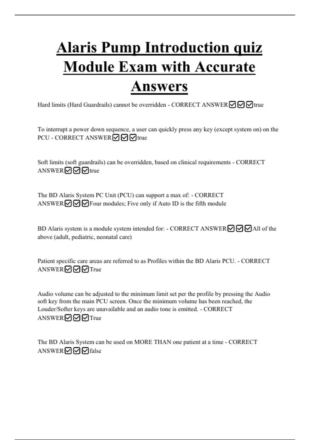 Alaris Pump Introduction quiz Module Exam with Accurate Answer1 - ALARIS - Stuvia US