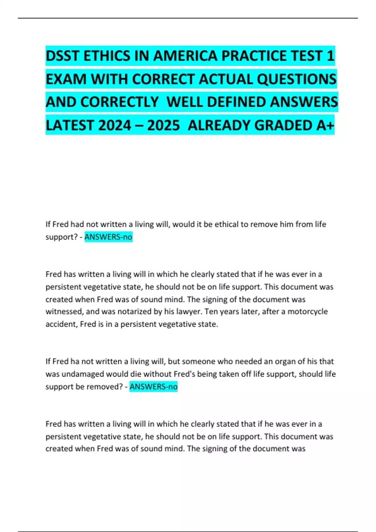 DSST ETHICS IN AMERICA PRACTICE TEST 1 EXAM WITH CORRECT ACTUAL ...