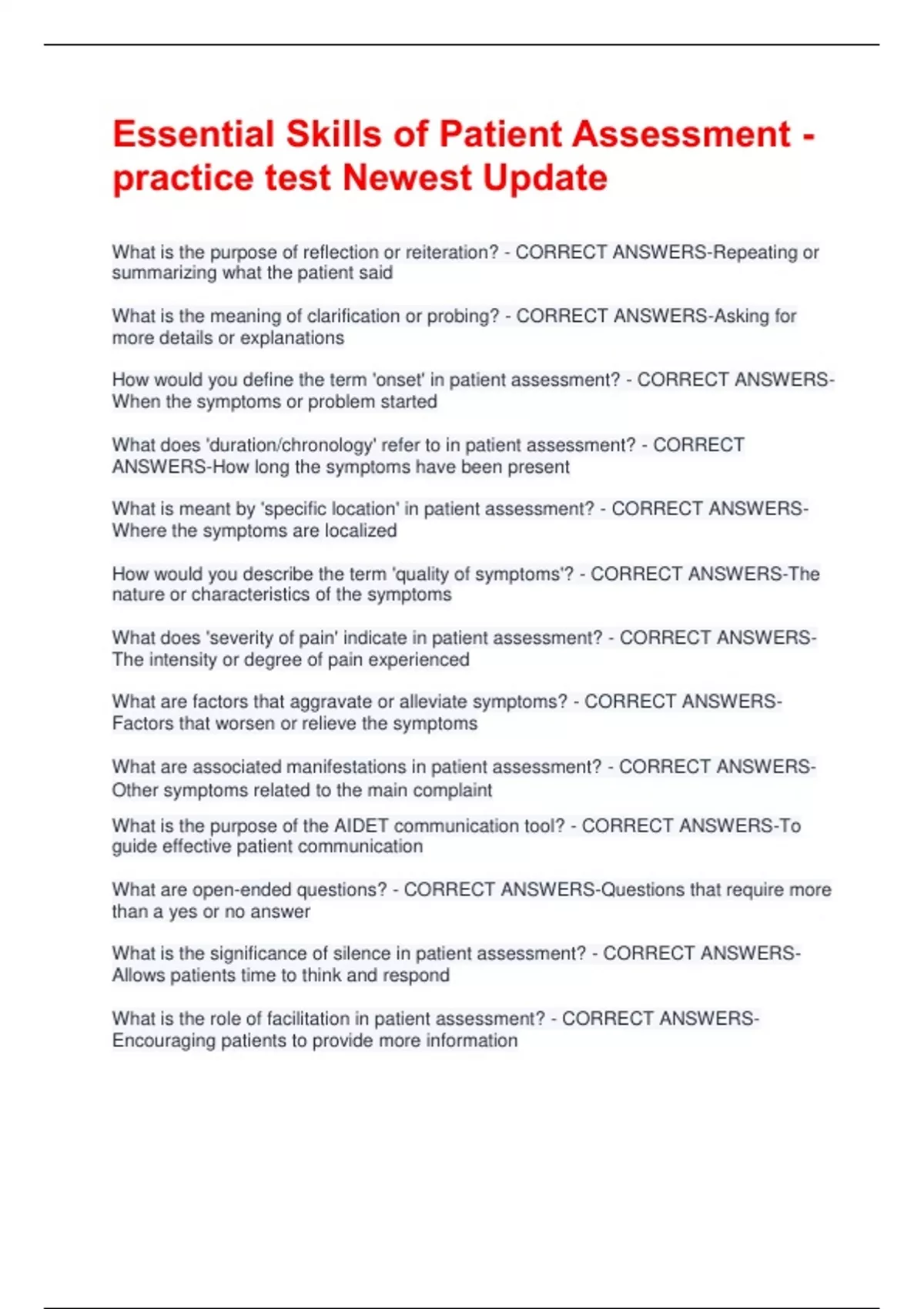 Essential Skills of Patient Assessment - practice test Newest Update ...