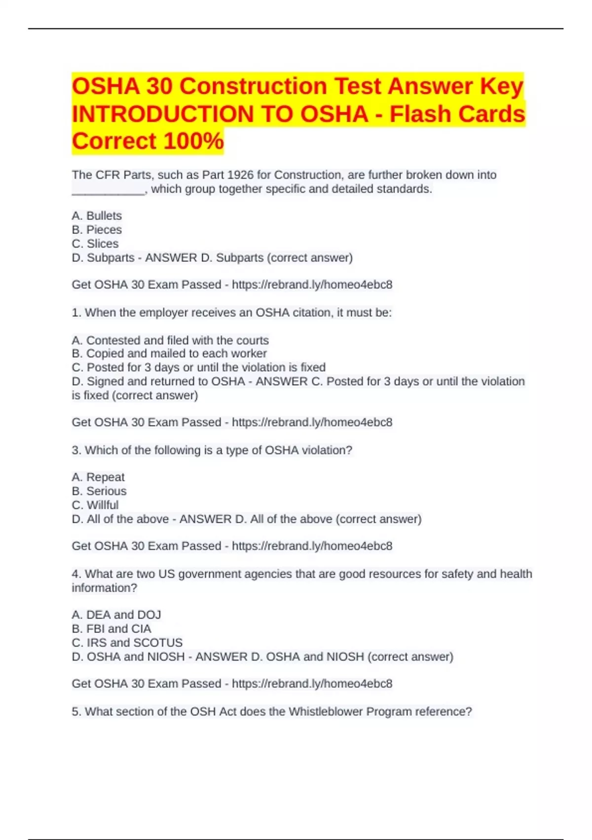 OSHA 30 Construction Test Answer Key INTRODUCTION TO OSHA - Flash Cards ...