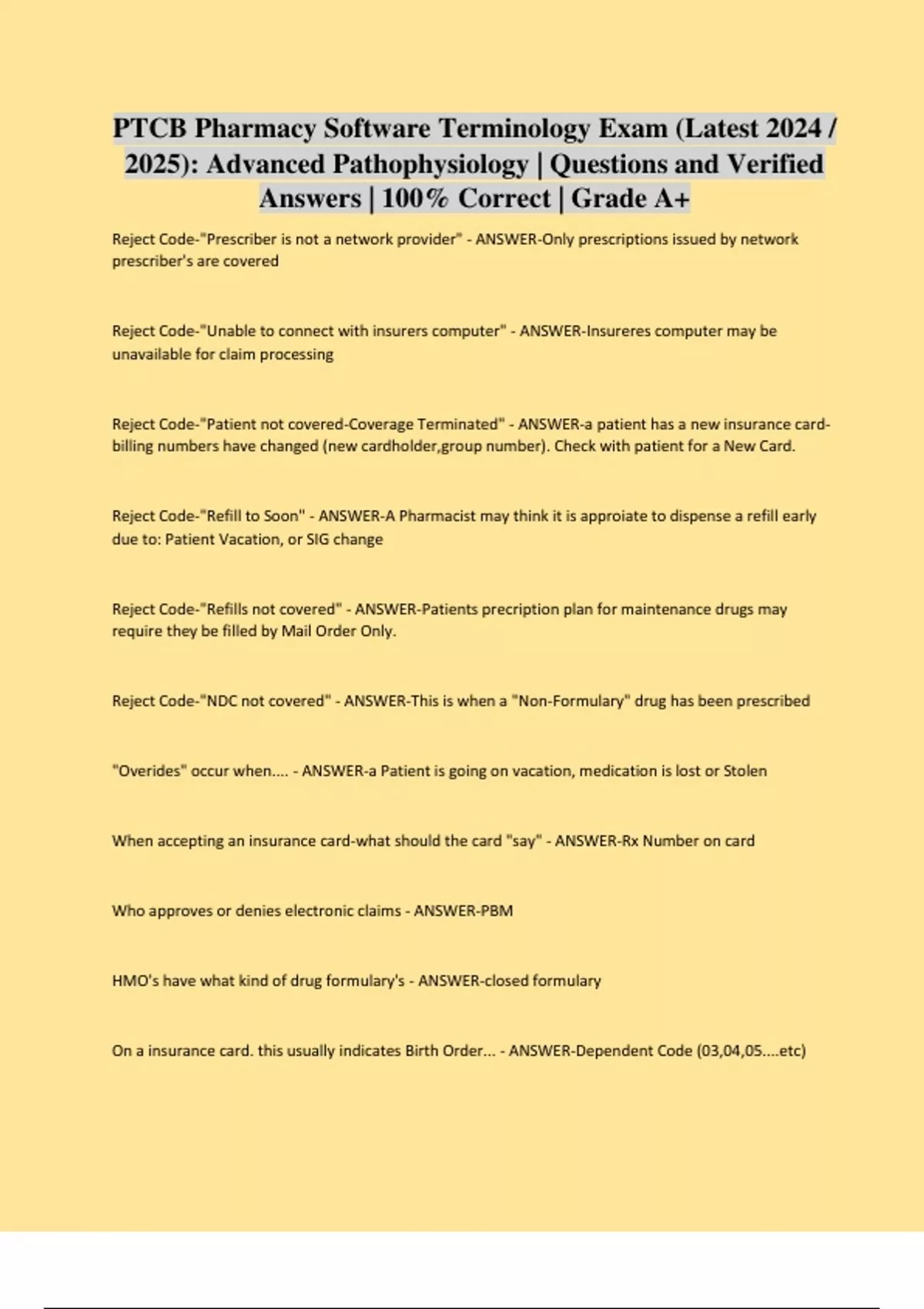 PTCB Pharmacy Software Terminology Exam (Latest 2024 / 2025): Advanced ...