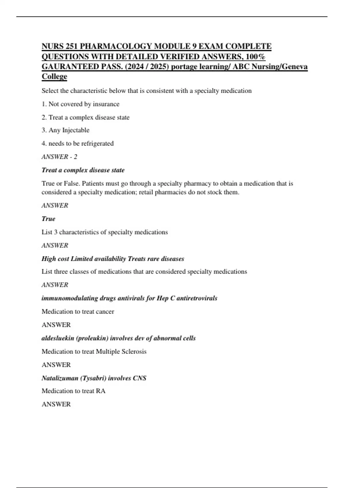 NURS 251 PHARMACOLOGY MODULE 9 EXAM COMPLETE QUESTIONS WITH DETAILED ...